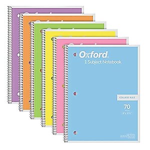 Oxford Spiral Notebook 6 Pack, 1 Subject, College Ruled Paper, 8 x 10-1/2 Inch, Pastel Pink, Orange, Yellow, Green, Blue and Purple, 70 Sheets (63756)