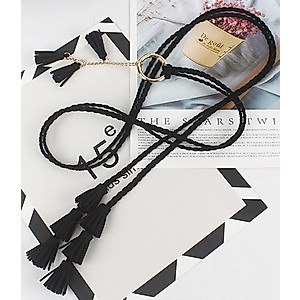 2 Pack Women Girls PU Leather Waist Belt Chain Skinny Rope with Double Tassel for Dress Skirt (1pc Black+1pc Camel)