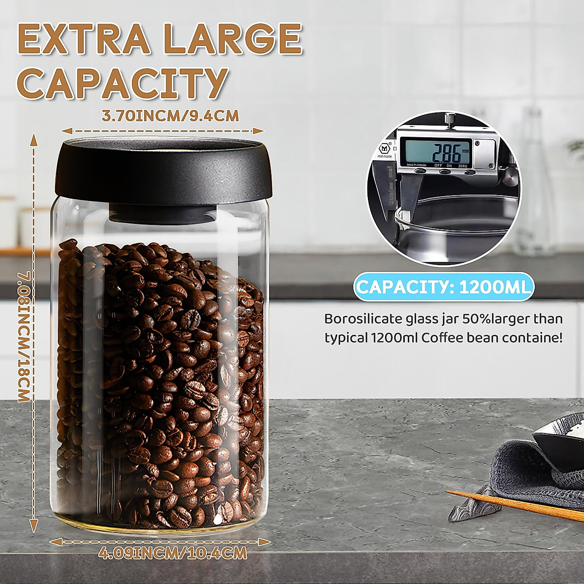 La Llareta 1200ml/42.3oz Vacuum Glass Coffee Storage Jar, Borosilicate Glass Canister, Sealed Container with ABS Lid, for Coffee, Spices, Biscuits