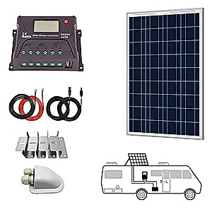 PowerECO 100W 12V Solar Poly Panel RV Kit with 20A PWM Charge Controller/Mounting Brackets/Solar Cables/Cable Entry housing(100W PWM20A)