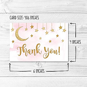 24 Pink Stars Baby Shower Thank You Cards With Envelopes, Kids Thank-You Note, 4x6 Gratitude Card Gift For Guest Pack For Party, Birthday, For Girls Children, Cute Angel Twinkle Moon Event Stationery
