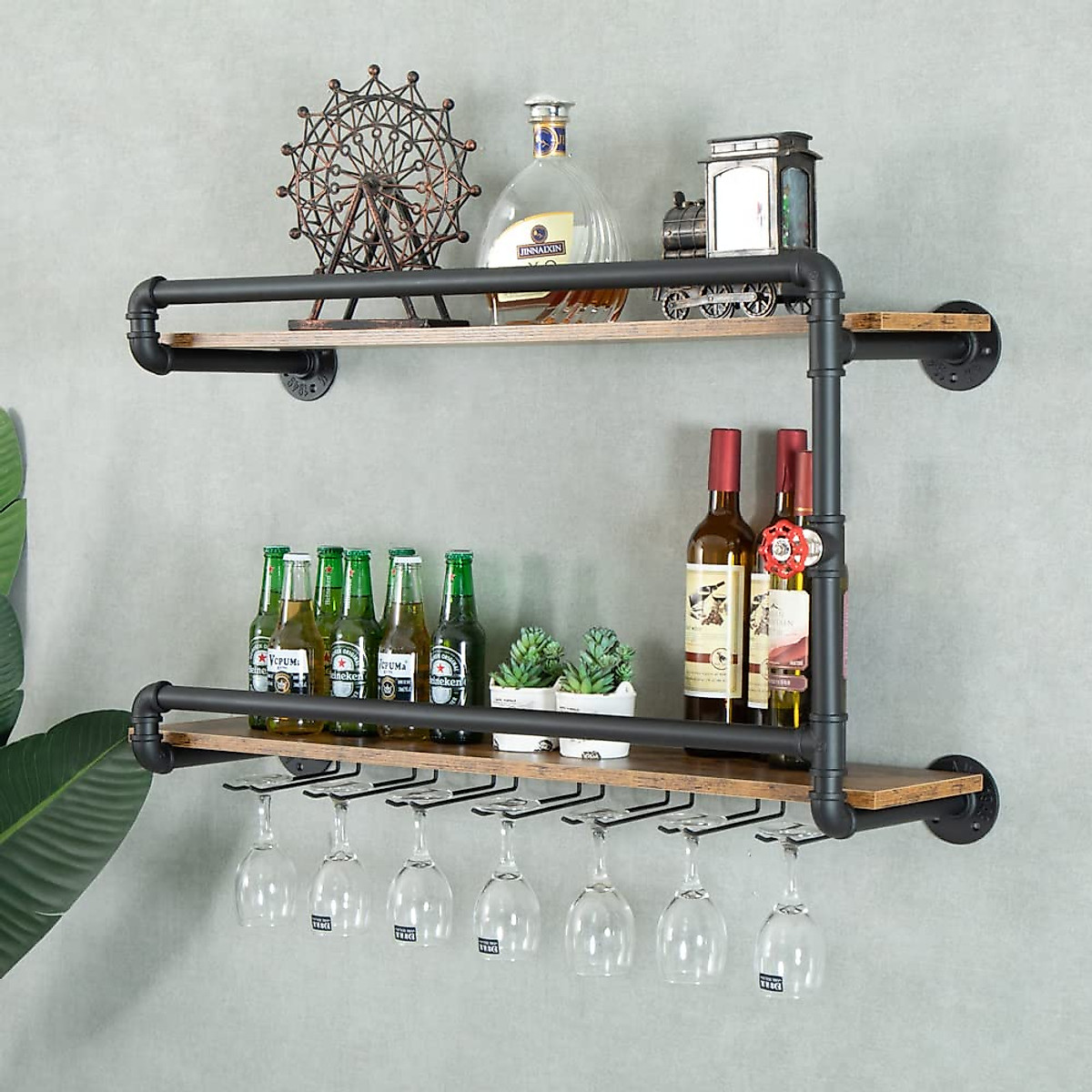 BOTAOYIYI Wine Rack Wall Mounted 2 Tier, Hanging Floating Bar Liquor Shelves with Glass Holder Storage Under, Industrial Rustic Pipe Farmhouse Kitchen Decor Black(35.4x10.6x19.7)