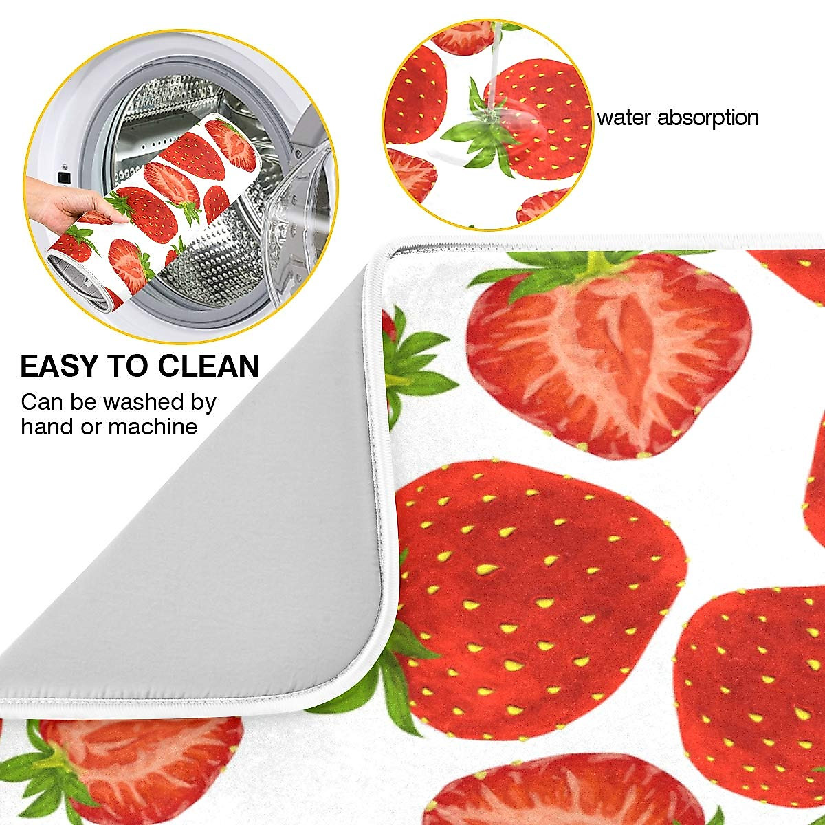 Baofu Dish Drying Mat for Kitchen Counter, Summer Strawberry Fruit Ultra Absorbent Reversible Microfiber Dishes Drying Rack Pad Heat-resistant Mats 16x18in