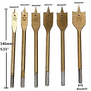 Driak 6pcs 10-25mm/0.39"-0.98" Metric Titanium Boring Drill Bits Spade Paddle Flat Woodworking Drill Bit Rotary Tools