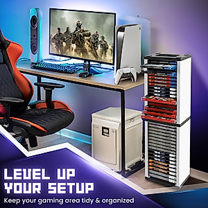 TNP Universal Video Game Storage Tower for PS5, PS4, PS3, Nintendo Switch, Xbox One, Xbox Series S/X - White Video Game Holder Organizer Stand with 36 CD Case Storage for Organizing & Displaying