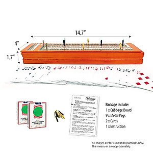 CRIBBAGE BOARD GAME SET. UNIQUE LARGE WOODEN CONTINUOUS 3 TRACK BOARD WITH LARGER STORAGE AREA, 9 METAL PEGS AND 2 DECKS OF PLAYING CARDS. TRAVEL PORTABLE CRIBBAGE PERSONALIZED BOARDS CARD GAME SETS