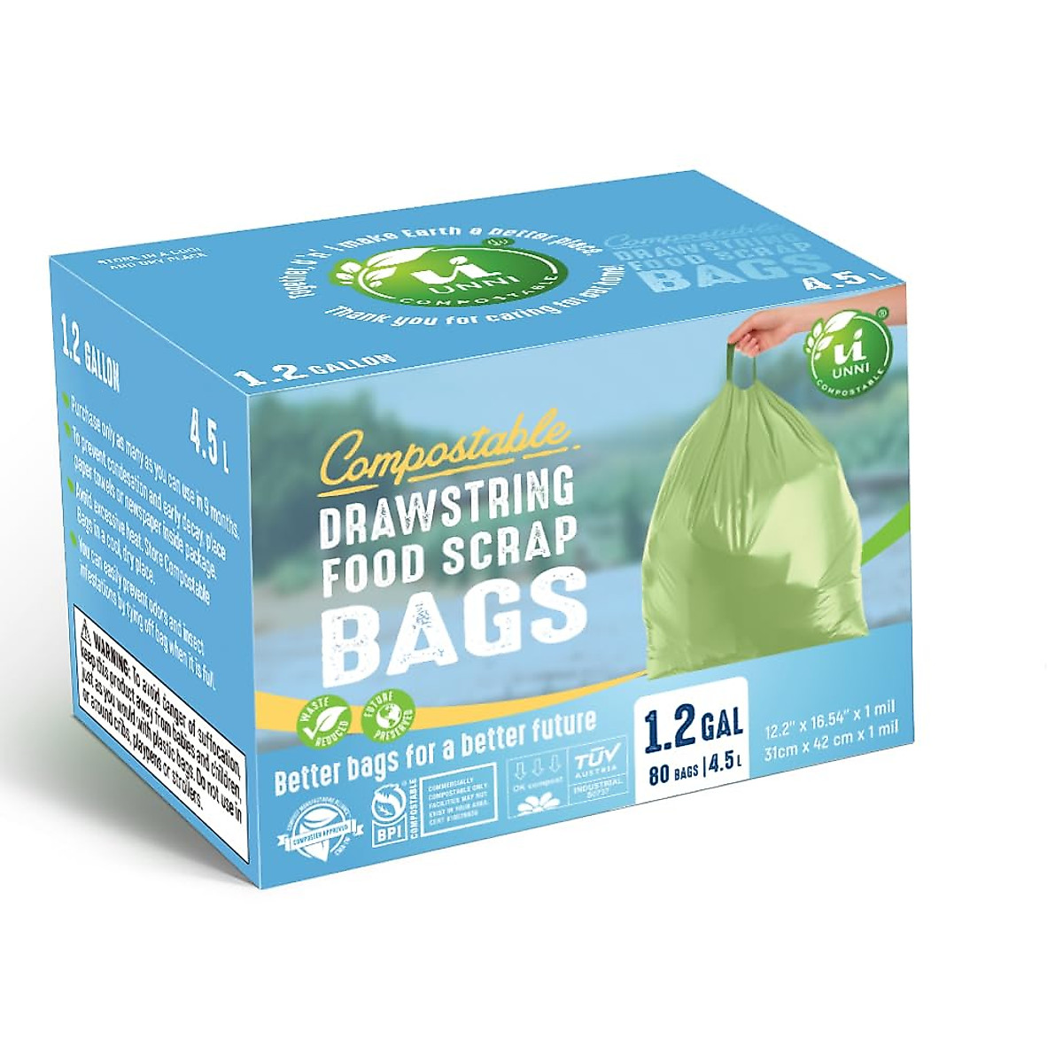 UNNI Compostable Drawstring Bags, 1.2 Gallon, 4.5 Liter, 80 Count, Heavy Duty 1 Mil, Samll Kitchen Food Scrap Waste Bags, ASTM D6400, US BPI, CMA and Europe OK Compost Certified, San Francisco