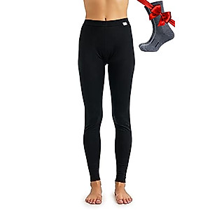 Merino Wool Base Layer Women Pants 100% Merino Wool Leggings Lightweight Thermal Underwear Bottoms + Merino Wool Socks (Large, 165 Black)