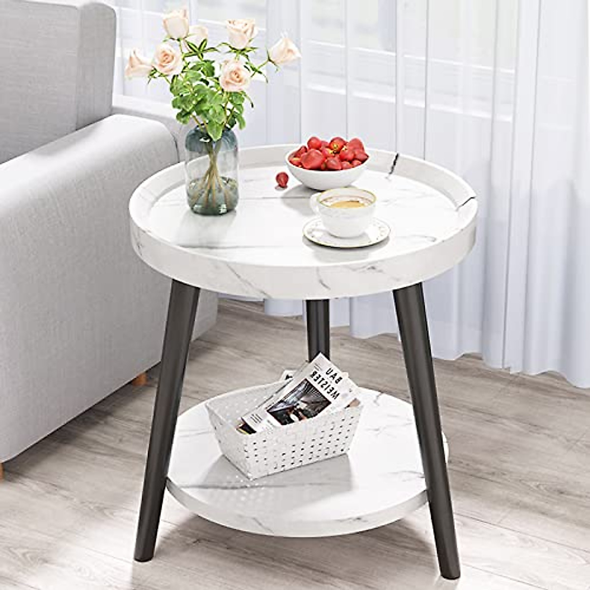 ZHANYUN 2-Tier Round Side Table, Mid Century Modern Small end Table with Storage,Metal Legs & Eco-Friendly MDF Wood,Ideal for Living Room, Bedroom, Outdoor Spaces, and as A Bedside Table (White)