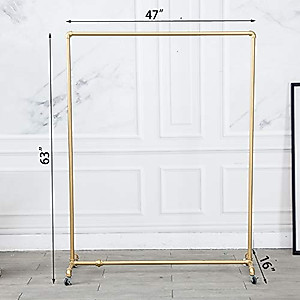 (Gold,1"Pipe,47"Wx63"Tx16"D)Industrial Pipe Clothing Rack,Vintage Commercial Grade Pipe Clothes Racks,Rolling Rack for Hanging Clothes Retail Display,Heavy Duty Steampunk Iron Ballet Garment Racks