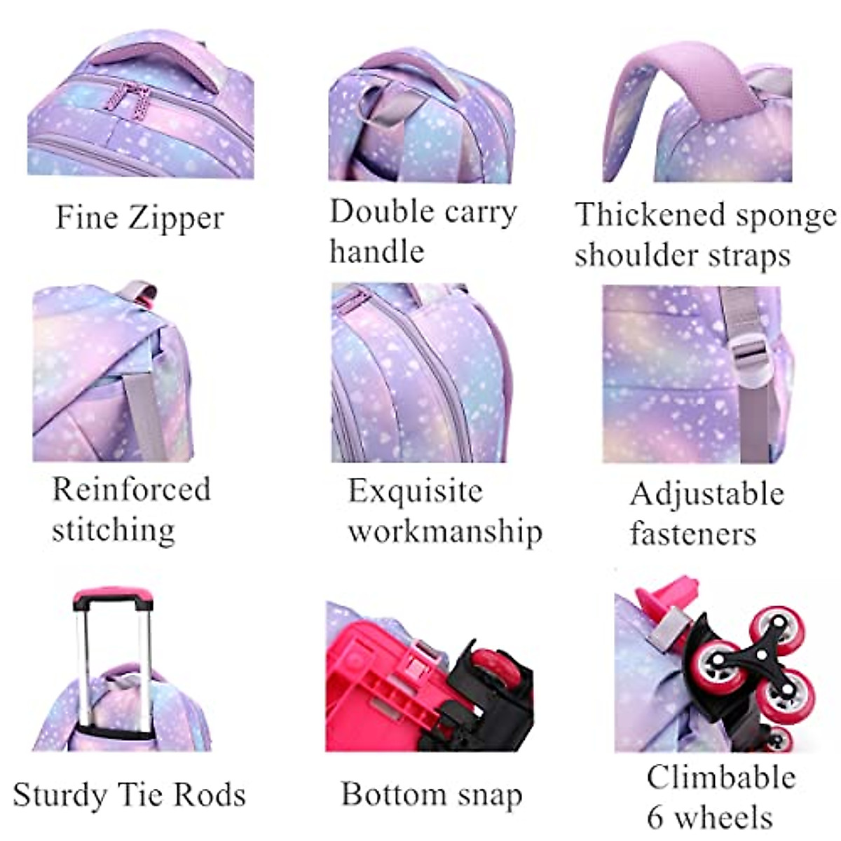 EKUIZAI 3PCS Colorful Heart Print Trolley Backpack Sets Elementary School Students Rolling Bookbag Cute Girls Backpack with Wheels