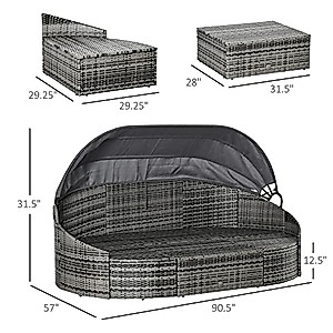 Outsunny Outdoor Daybed with Retractable Canopy 4 Pieces Wicker Rattan Sectional Sofa Set Patio Furniture with Washable Cushions for Lawn, Garden, Backyard, Poolside, Grey