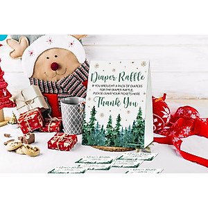 Winter Woodland Diaper Raffle Game, Christmas Baby Shower Game Sign, Christmas Gender Neutral Party Favors, Winter Party Decorations Favors (1 Sign + 50 Raffle Tickets) - A07