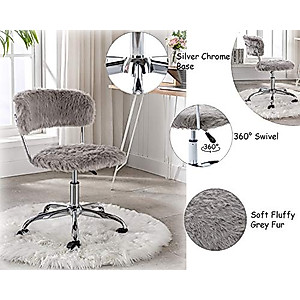 Kmax Fuzzy Office Desk Chair Faux Fur Kids Armless Rolling Task Chair Comfy Vanity Chair for Bedroom, Grey