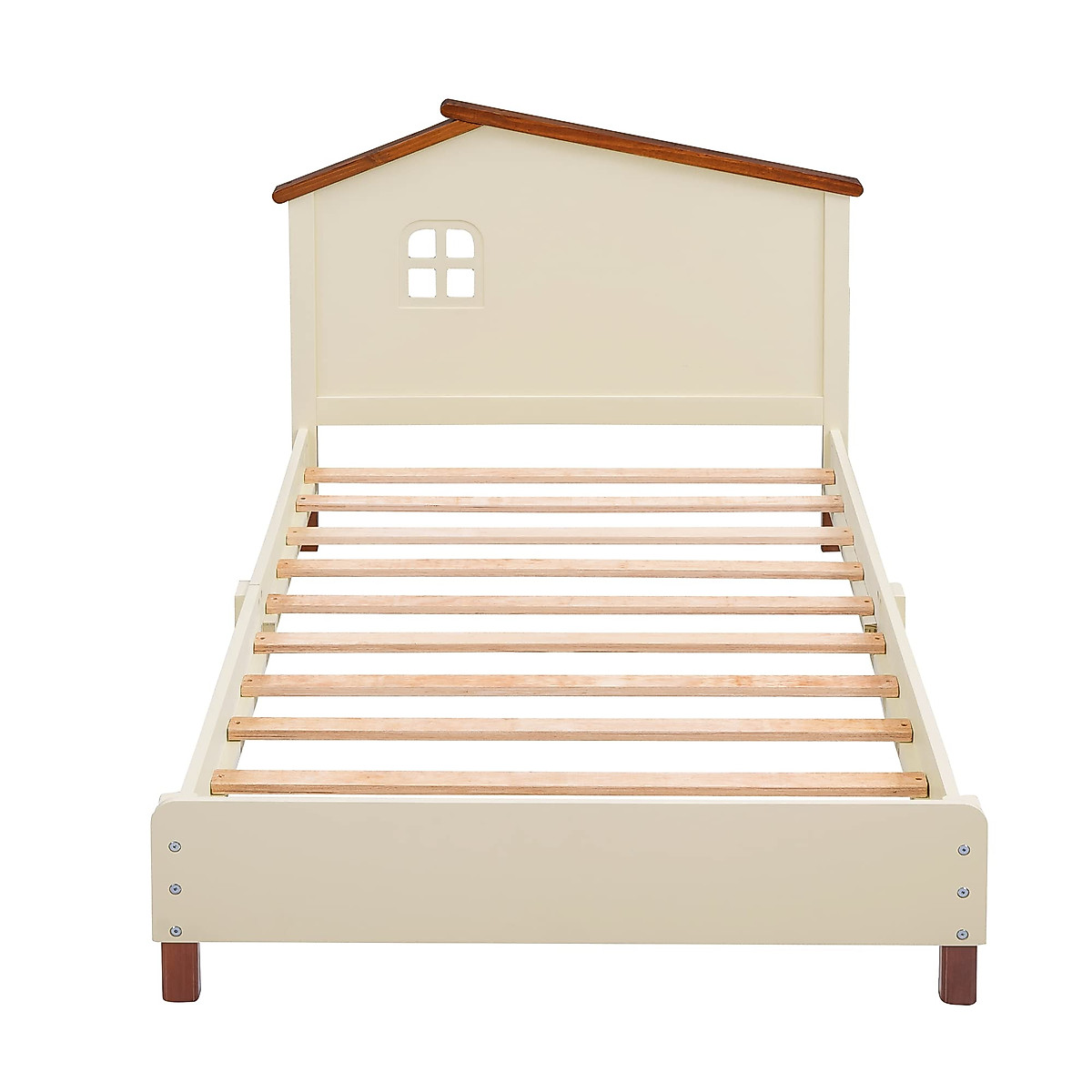 Bellemave Twin Size Platform Bed with Headboard, House Twin Bed with Support Slats, Wooden Kids Twin Size Bed Frame for Boys Girls, No Box Spring Needed, Bedroom Furniture (Cream+Walnut)