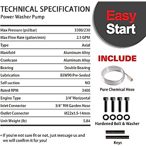 YAMATIC 3/4" Shaft Horizontal Pressure Washer Pump 3300 PSI @ 2.5 GPM Brass Head Power Washing Pump Replacement for Simpson MSH3125,MSH3125-S,520004, Karcher G3050OH and More
