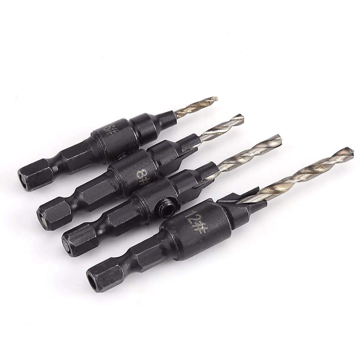 HSS Countersink Drill Bit, #6#8#10#12 1/4inch Hex Shank Drill Bits HSS Countersink Drill Bit Set with Small Wrench Countersink Woodworking Tool