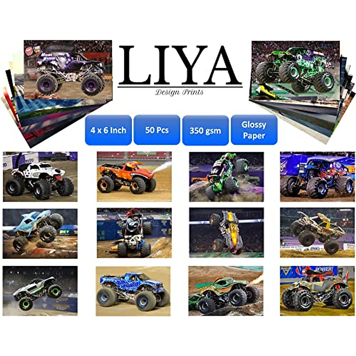 LIYA 50PCS Monster Truck Wall Collage Kit - 4x6 inch - Monster Truck Wall Decor, Posters for Boys Room, Monster Trucks Aesthetic Pictures Decorations, Monster Truck Room Decor for Boys, Monster Jam Posters for Room Bedroom Playroom Wall Art Birthday Party