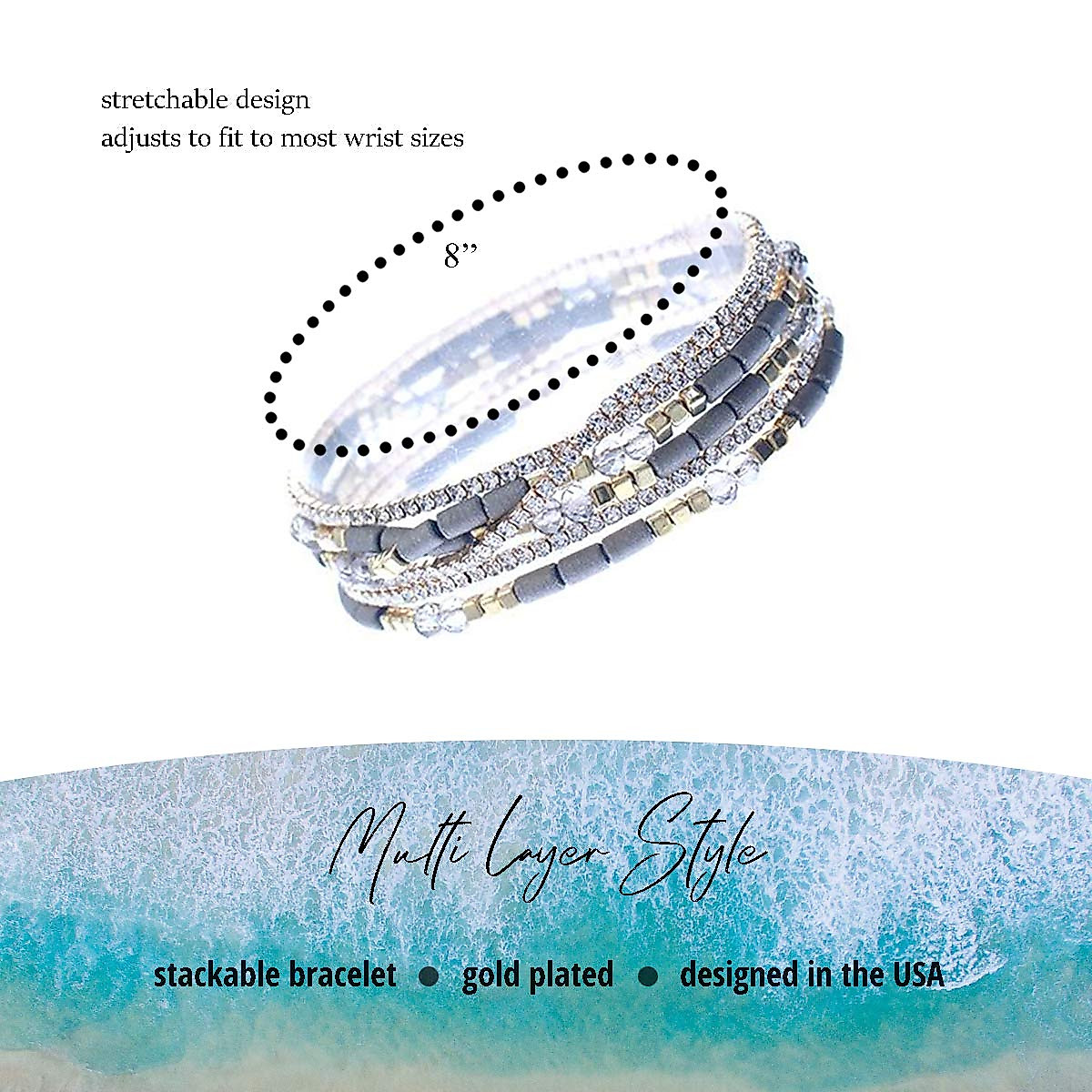 NTLX Multi Strand Beaded Stackable Stretch Bracelets for Women – Bohemian Boho Style Bracelets – Multi Color Layered Statement Bangles (Black Diamond Grey)