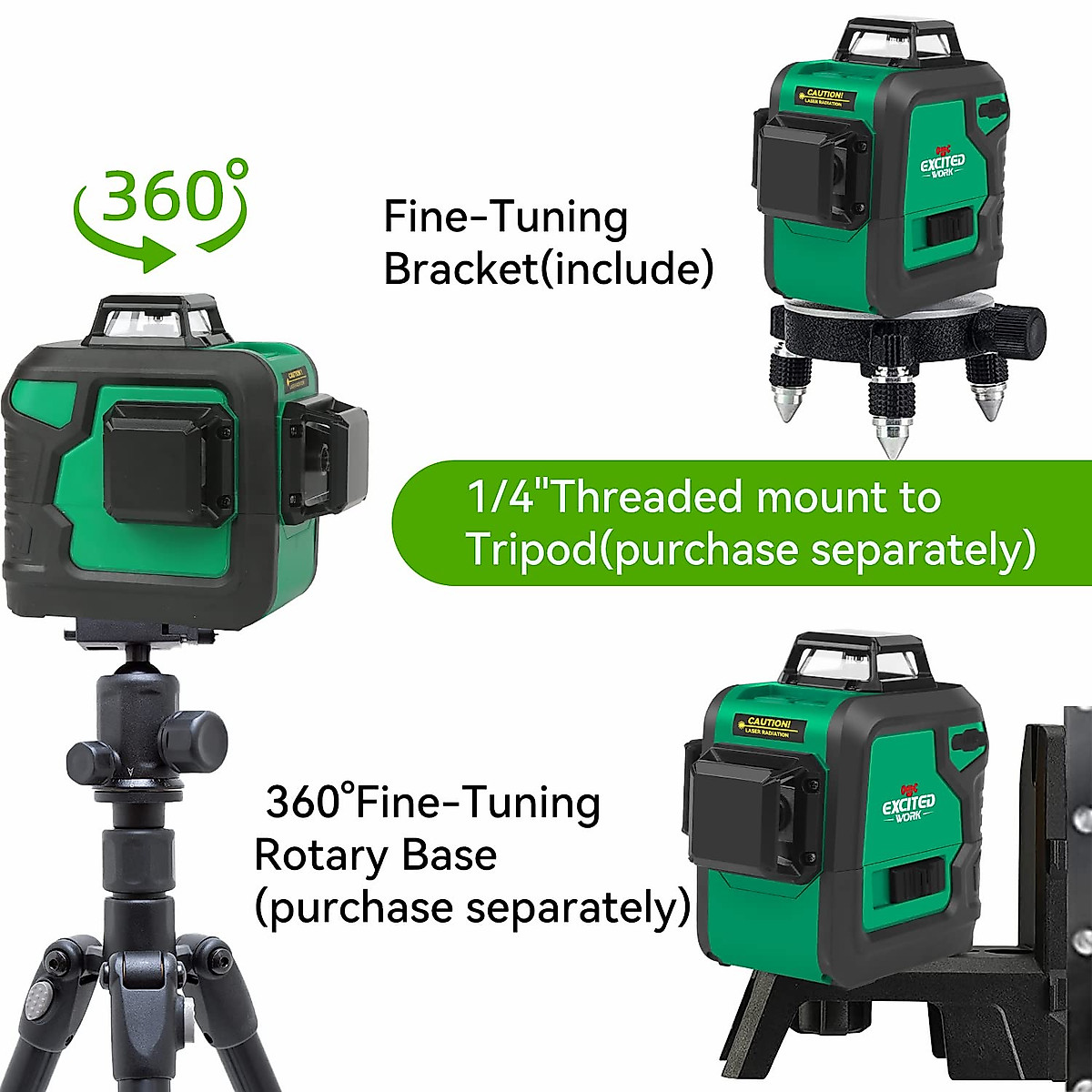 Excited Work 12 Lines Laser Leevl Self Leveling 3x360°, 3D Green Cross Line for Construction and Wallpaper/Flooring, Rechargeable Li-ion battery, Magnetic Pivoting Base, Remote Controller
