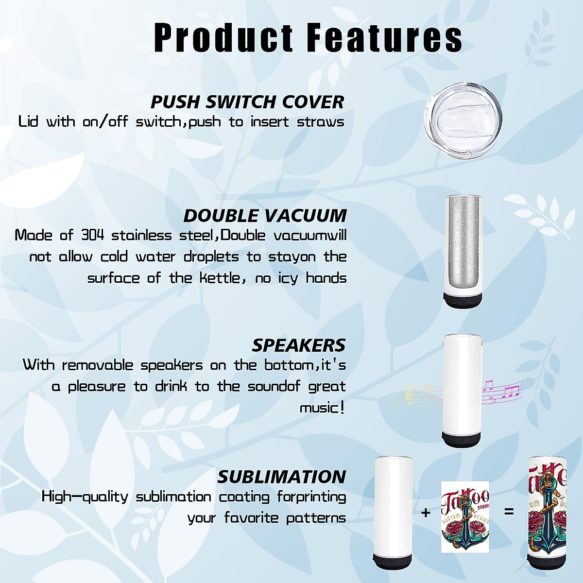 Lilsofee 6 Pack 20 OZ Sublimation Blank Tumblers Bulk Stainless Steels Double Vacuum Bluetooth Speaker Music Insulated Tumbler with Lid and Straw Heat Transfer Cup Black