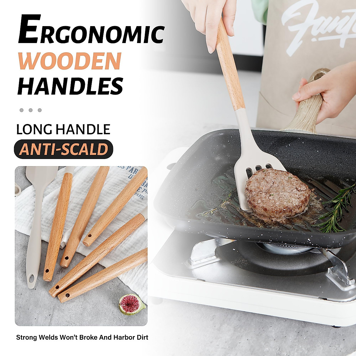 Hvygss 26Pcs Kitchen Utensils Set with Holder, Large Silicone Cooking Utensils Set for Nonstick Cookware Wooden Handle Spatulas Silicone Heat Resistant Kitchen Gadgets Utensil Sets (Khaki)