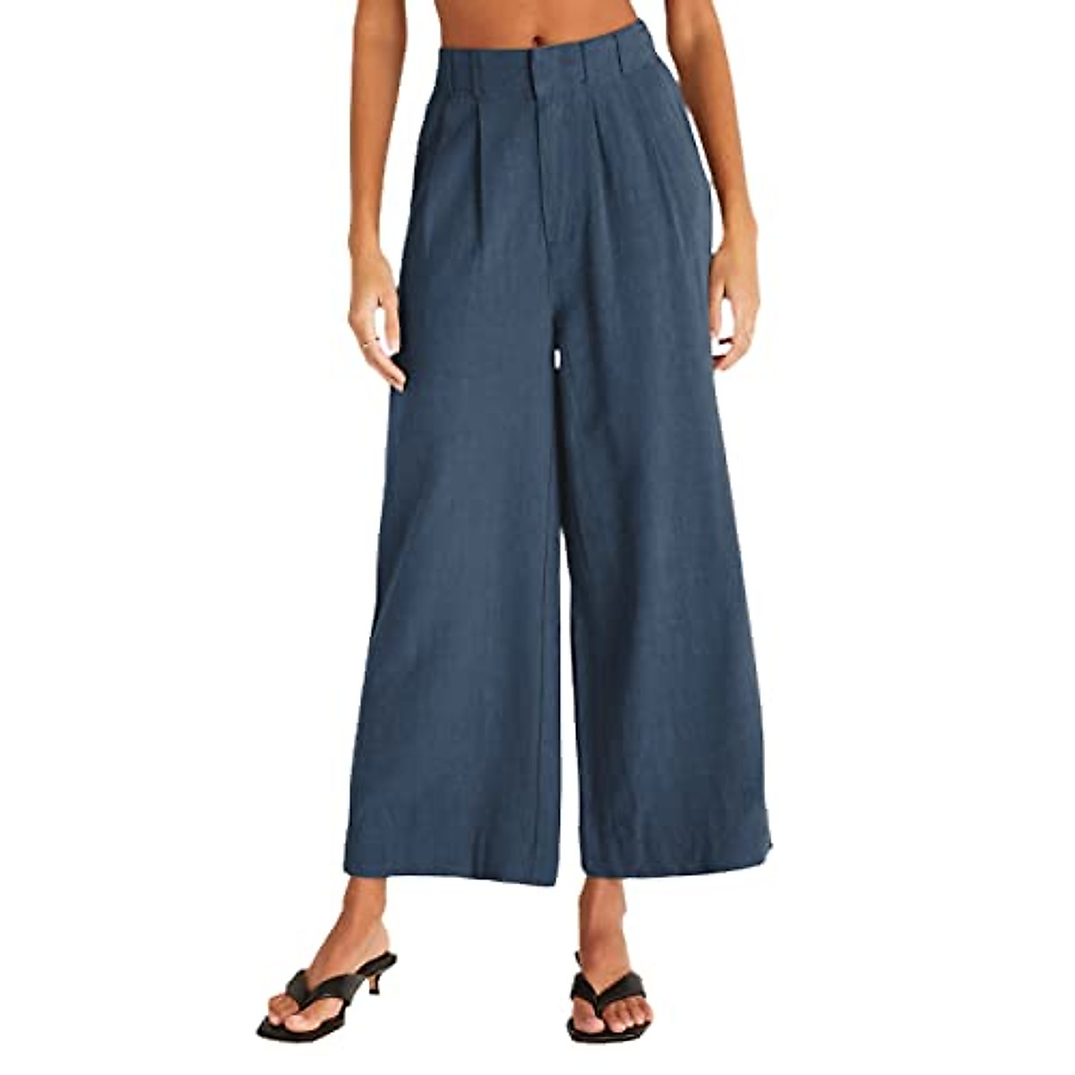 Tanming Linen Pants Women Summer Wide Leg High Waisted Work Pants Palazoo Trousers (NavyBlue-XL)