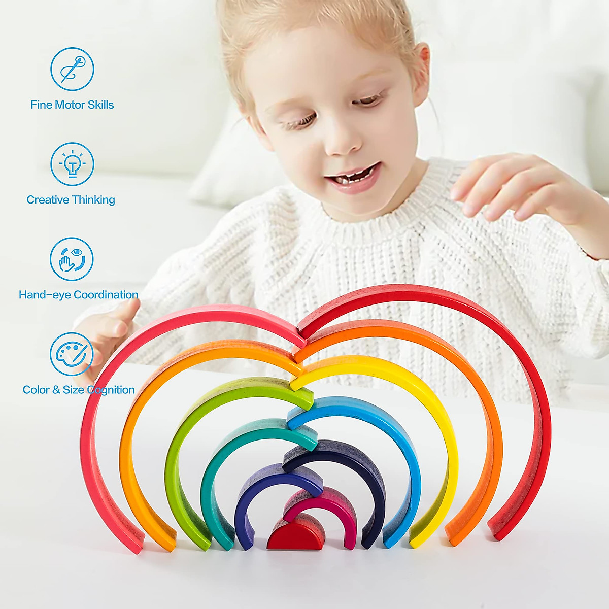 XJYQJD Wooden Rianbow Stacker Playset, 4-in-1 Rainbow Stacking Toys Building Blocks for Kids Ages 3 4 5 Preschool Montessori Toys Christmas Birthday Gifts for Toddlers Boys Girls 3-5 (45 Pieces)