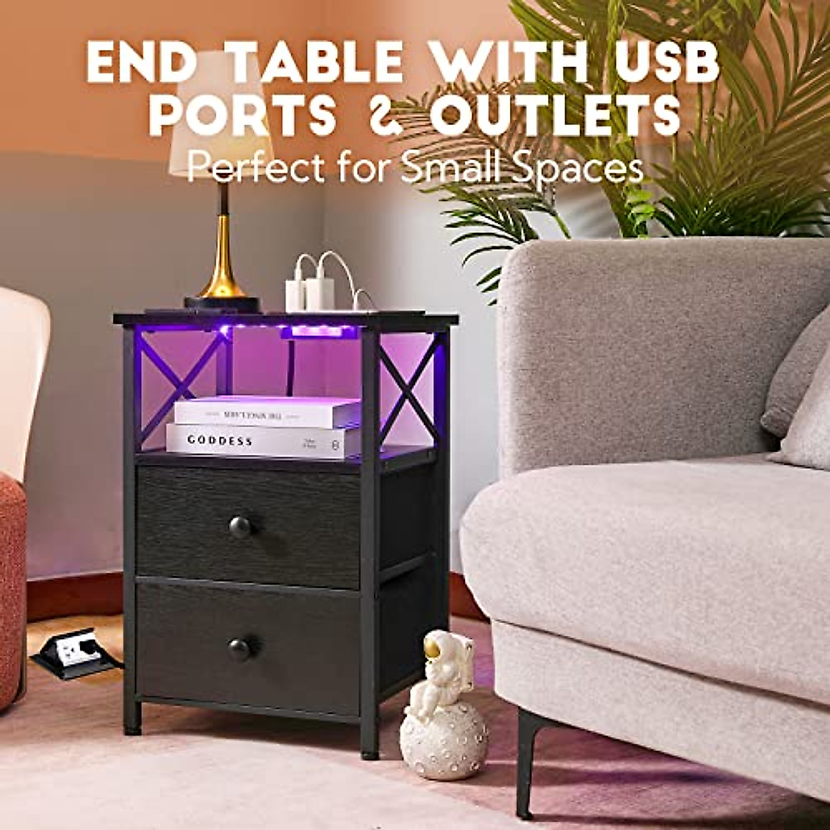 AMHANCIBLE LED Night Stand Set 2, Night Stands for bedrooms Set of 2 with Charging Station, Side Table with USB C Port and Outlet HET052LBK