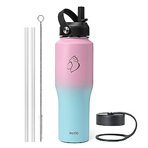 BUZIO Stainless Steel Water Bottle Vacuum Insulated (Cold for 48 Hrs, Hot for 24 Hrs),32oz Tumbler Travel Flask with Straw Lid and Flex Cap, Fit in Any Car Cup Holder,Bubble Gum