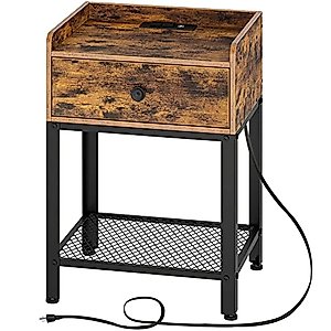 Rolanstar Nightstand with Charging Station and USB Ports, Rustic End Table with Drawer and Metal Shelf for Bedroom, Living Room, Rustic Brown