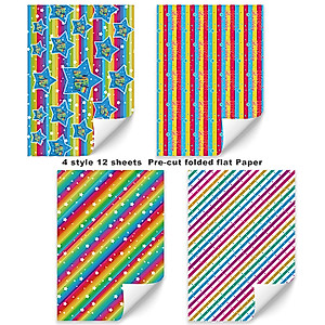 PlandRichW Rainbow Wrapping Paper Folded for Kids Boys Girls Birthday with Rainbow Star Stripe Line Happy Birthday 4 Designs for Baby Shower, Party, Precut 12 Sheets Each 20"x29"