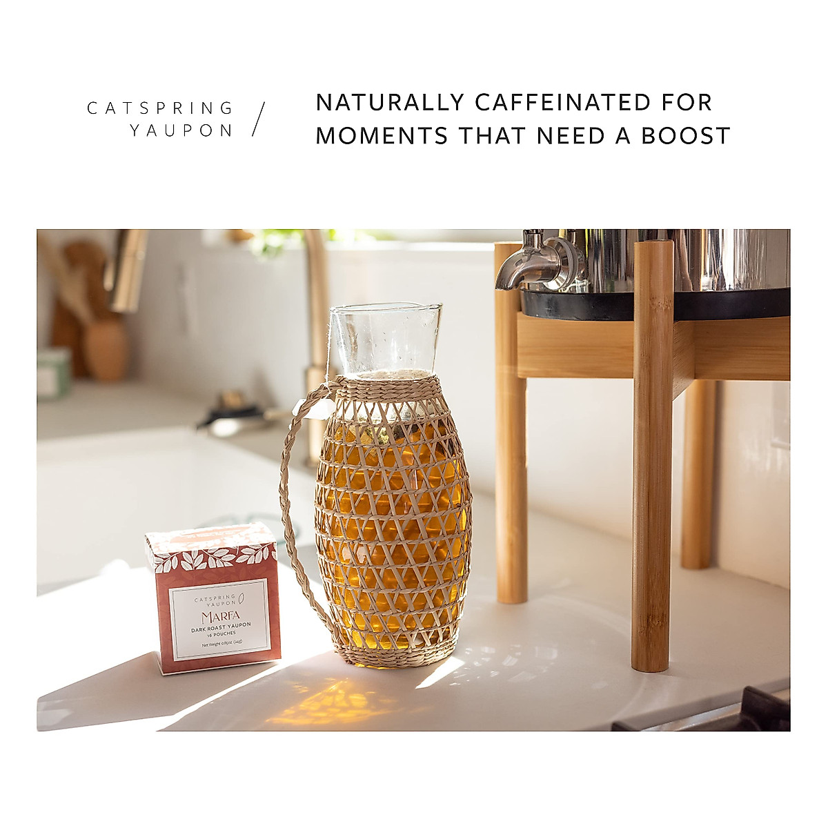 CatSpring Yaupon Marfa Dark Roast Black Yaupon Tea, Naturally Caffeinated and Sustainable Texas Tea, Individually Packed Herbal Teabags, 16 Bags per Tea Box