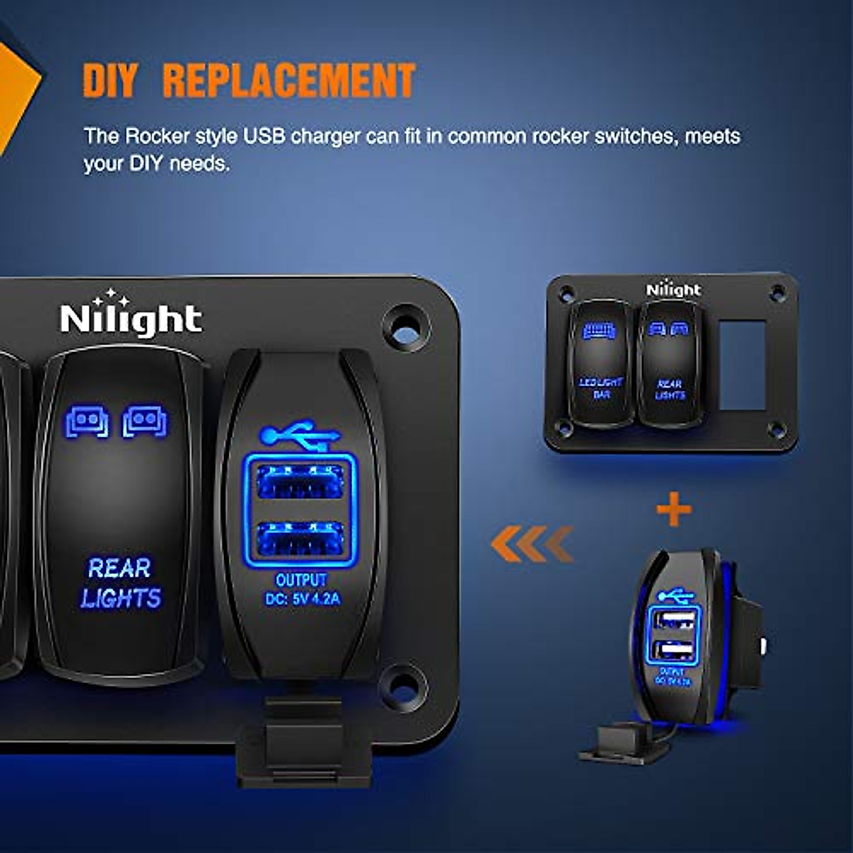 Nilight Dual USB Charger 4.2A Rocker Switch Style USB Charger 12V/24V Fast Charge Socket Waterproof Quick Charger for Cars Boats Trucks RVs,2 Years Warranty