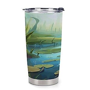 FHENMSA Reusable Plastic Water Cups with Lids,Frog in A Pond Print Anti-overflow Cup,sports Travel Coffee Cup