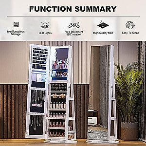 HNEBC LED Light Jewelry Storage Organizer, Armoire with Door Mirror 360° Rotating, Full Length Cabinet, ,Large Jewelry Boxes & Organizers（A White）