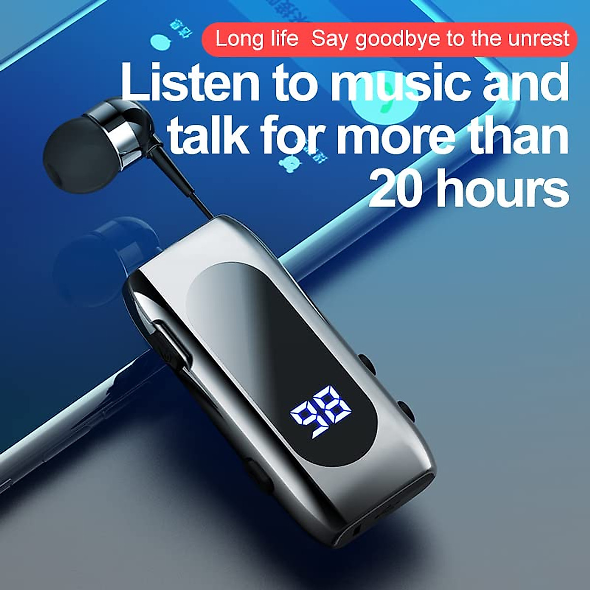Bluetooth Headset,30Hrs HD Talktime Bluetooth Earpiece,Digital Display Battery lavalier Wireless Earphones,Hands Free Noise Reduction Retractable,Wireless Earbuds(Silver, 90 Days Free Replacement).