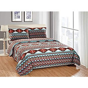 Rugs 4 Less Rustic Southwestern Western Bedsheets Set with Navajo Tribal Native American Patterns in Turquoise Blue and Brown – Utah Bed Sheet Set (King, Turquoise)