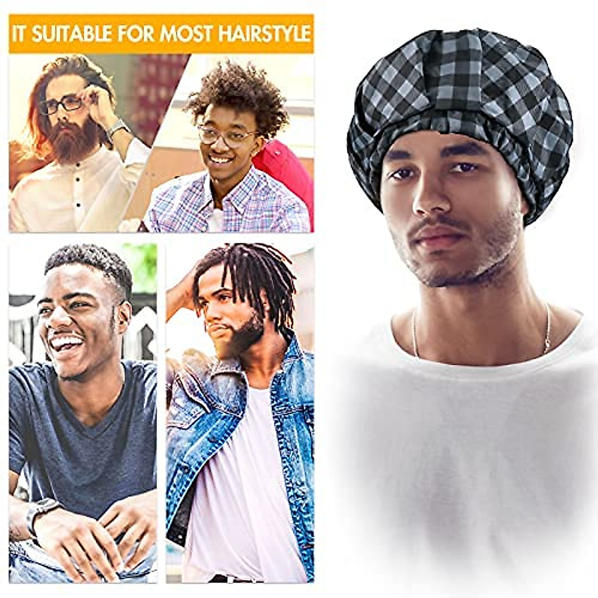 Large Waterproof Shower Cap for Men - Kenllas Reusable Adjustable Bath Cap for Dreadlock Braids Curly Hair (Gray)