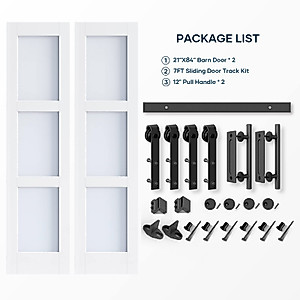 EaseLife 42in x 84in (Double 21in×84in Door) Glass Barn Door with 7FT Sliding Double Door Hardware Kit Included & Handle,Solid MDF Inside Covered with Water-Proof PVC Surface,3-Panel Glass,White