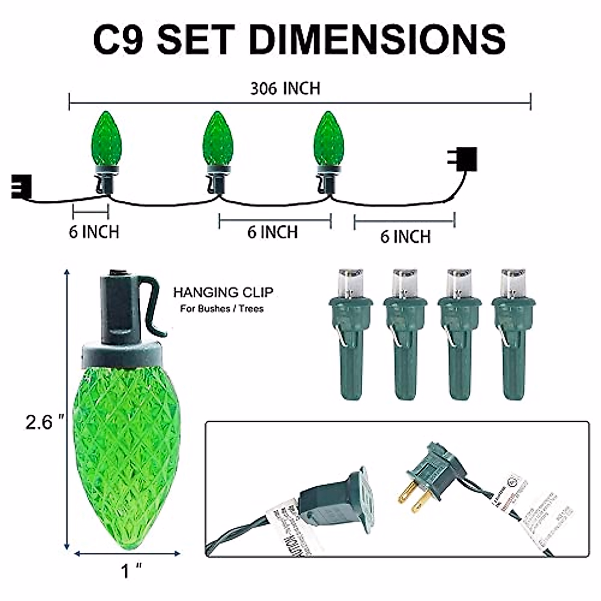 FUNPENY 50 LED Green Christmas C9 Lights Outdoor, 24.5 FT Extendable Waterproof Fairy String Light Green Wire for Xmas St. Patrick's Day Indoor Patio Tree Party Holiday Wedding House Decorations