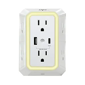 Tech2 Multi Plug Surge Protector with Night Light, 6 Outlets & 2 USB Ports A and USB C 2.4A Total, ETL Certified Adapter for Home, School, or Office