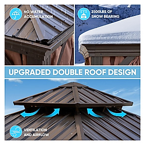 12 x 12FT Hardtop Gazebo - Outdoor Polycarbonate Double Roof Gazebo Canopy, Metal Frame Permanent Pavilion with Curtains and Netting for Garden Patio Backyard Party Deck Lawn