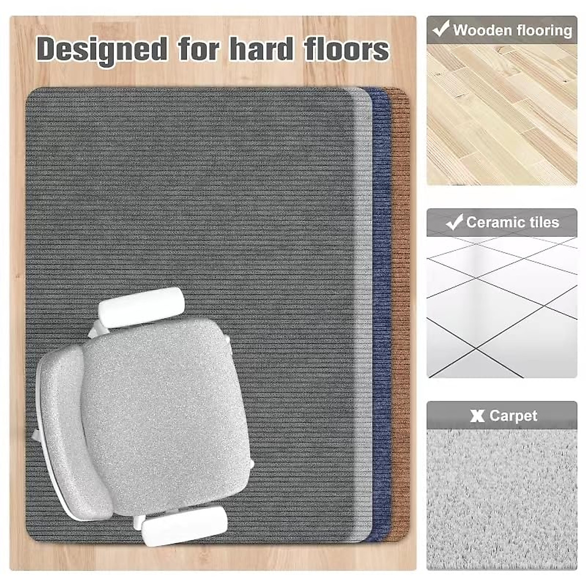 Placoot Desk Chair Mat for Hardwood Floor Corduroy Surface 1/6" Thick 55"x35" Office Chair Mat for Rolling Chairs-100% Large Anti-Slip Backing Under Desk Low-Pile Office Rug Floor Mat for Office/Home
