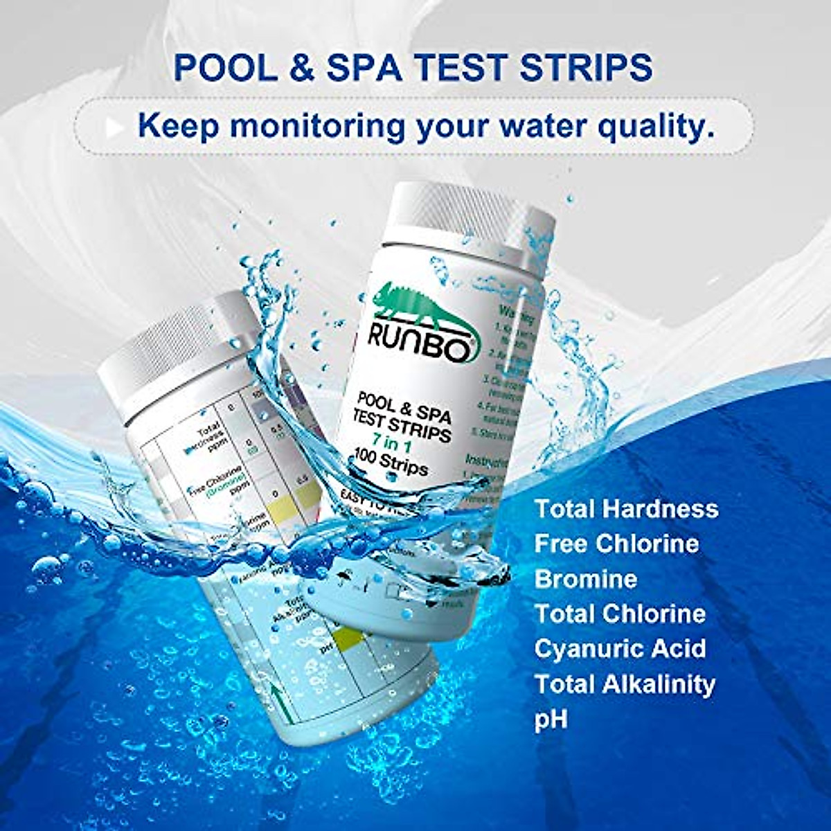 RUNBO Pool Test Strips 7-in-1 (100 Count), Quality Testing Strips - Simple and Easy - Test Free Chlorine, Total Chlorine, Bromine, Total Hardness, Total Alkalinity, pH and Cyanuric Acid