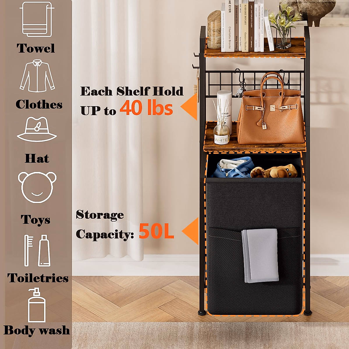 Furnulem 2 Tiers Laundry Hamper with Wooden Shelf and Hooks, Vertical Laundry Basket with Pull-Out and Removable Bag, Clothes Hamper with Divided Bag for Laundry Room, Bathroom, Bedroom, Dorm