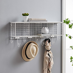 Linon Four Cubby Metal Wall Shelf with Top Shelf and 9 Hooks in White