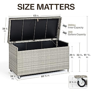 Idzo Outdoor Wicker Storage Box, 1000 Hours UV Wicker Cushion Storage Box for Patio Durable Against Weather, 200 Gallon Extra Large Deck Box, Soft-Close Hinge Included - Light Gray