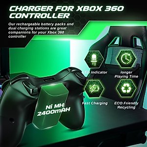 TNP Rechargeable Battery 2-Pack Compatible with Xbox 360 Controller Battery Pack NiMH 500 mAh with Dual Charging Station for Xbox 360 Controller Wireless