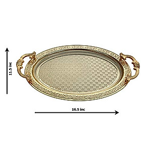 BAYKUL Turkish Ottoman Coffee Tea Beverage Gold Serving Oval Tray, Luxury Metal Chrom Moroccan Decorative Breakfast Dinner Table, Ottoman Trays Extra Large (Gold)